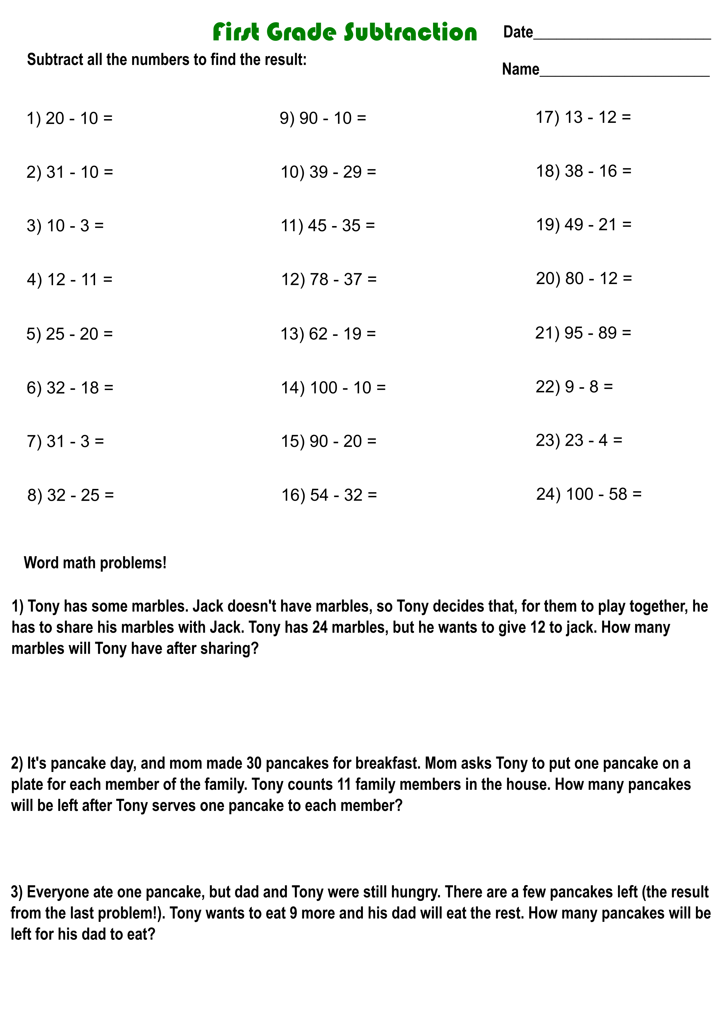Printable 1st Grade Math Worksheets With Answer Sheet PDF