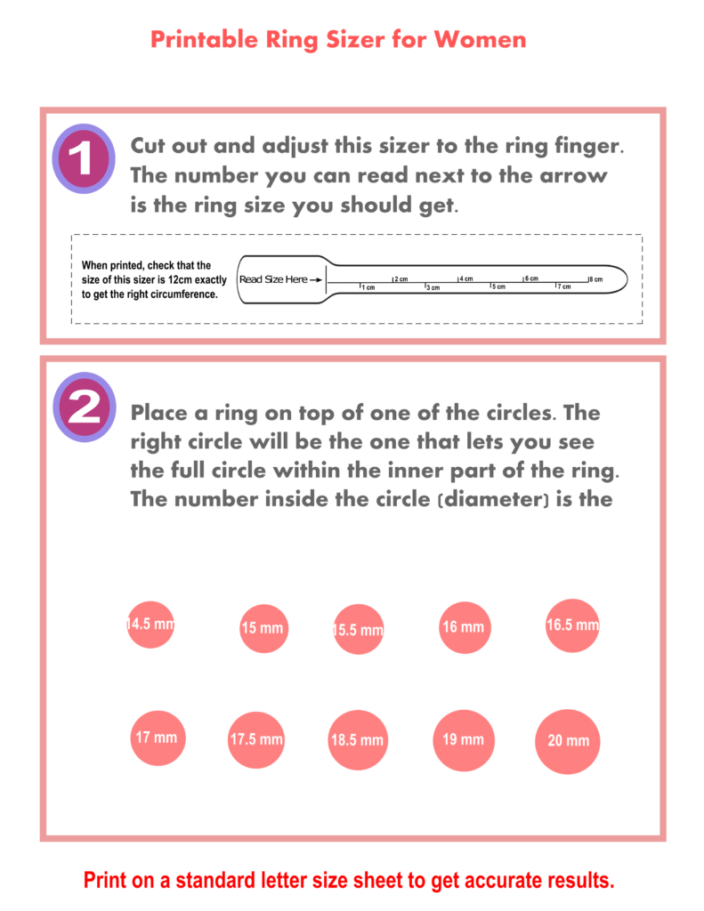 Ring Sizer: Printable ring size chart for women - Printerfriendly