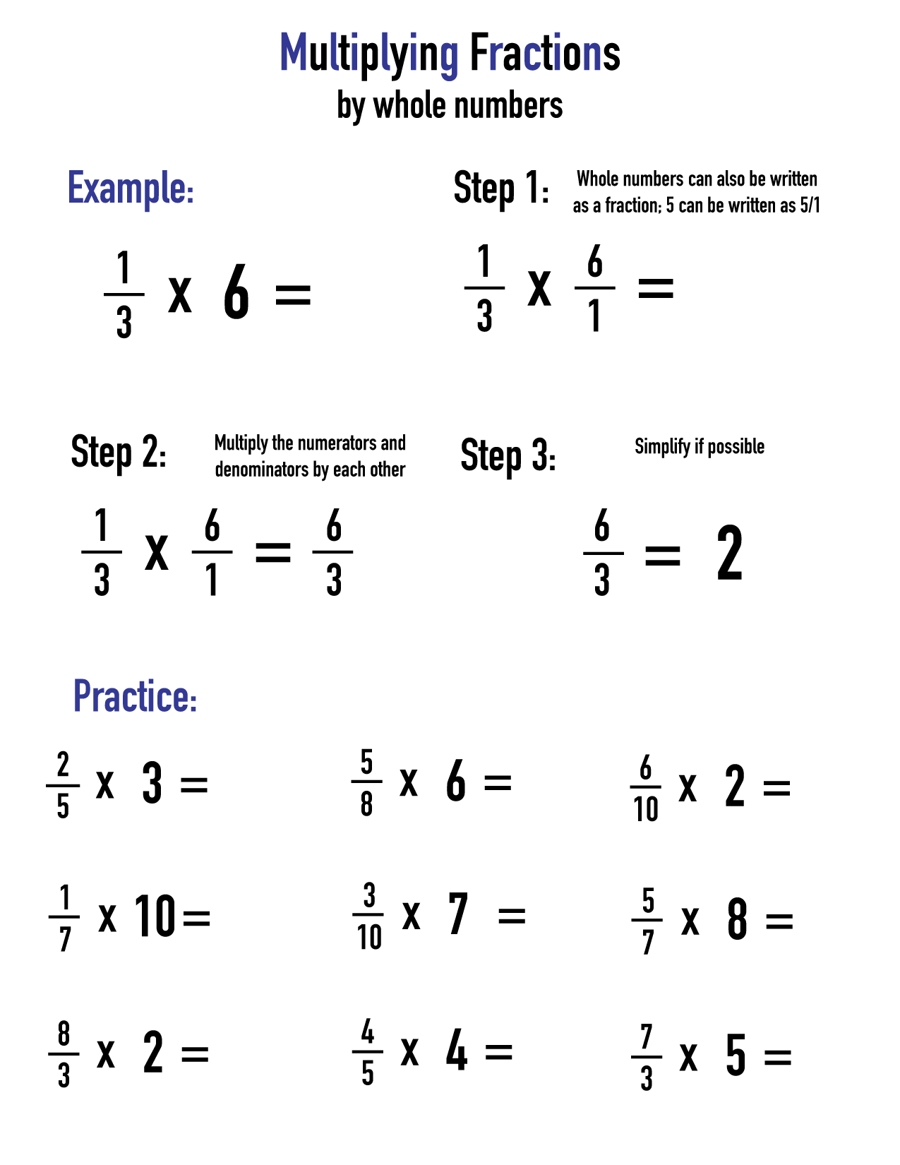 Printable Free Multiplying Fractions Worksheets by Whole Numbers In
