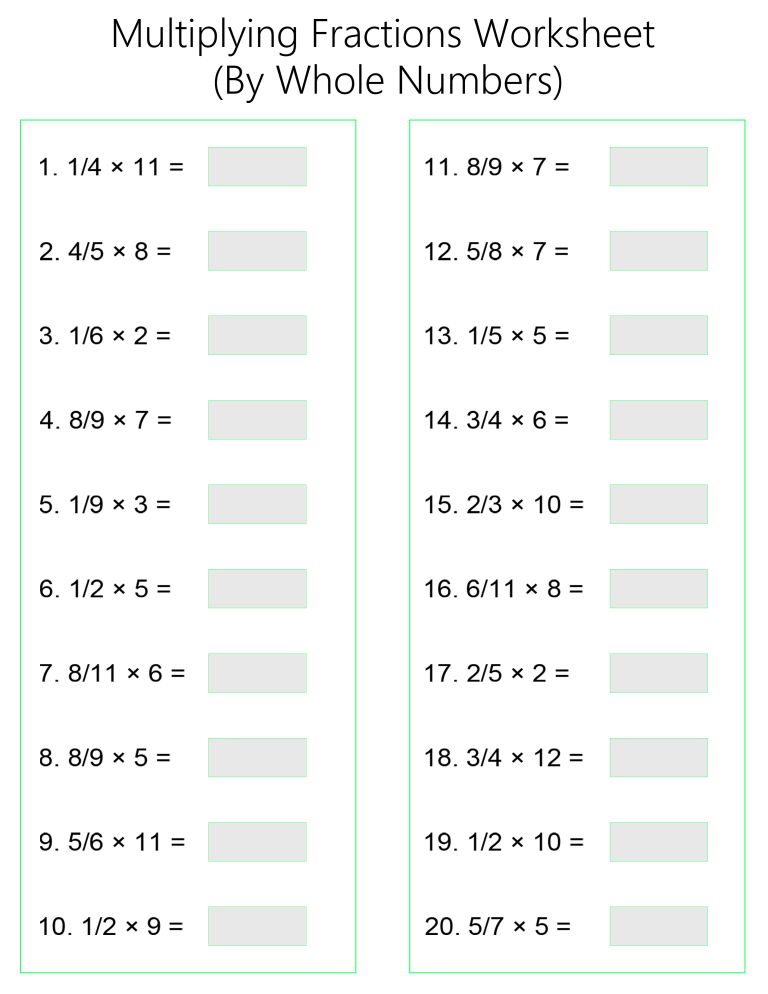 Printable, free multiplying fractions worksheets (by whole numbers) in ...