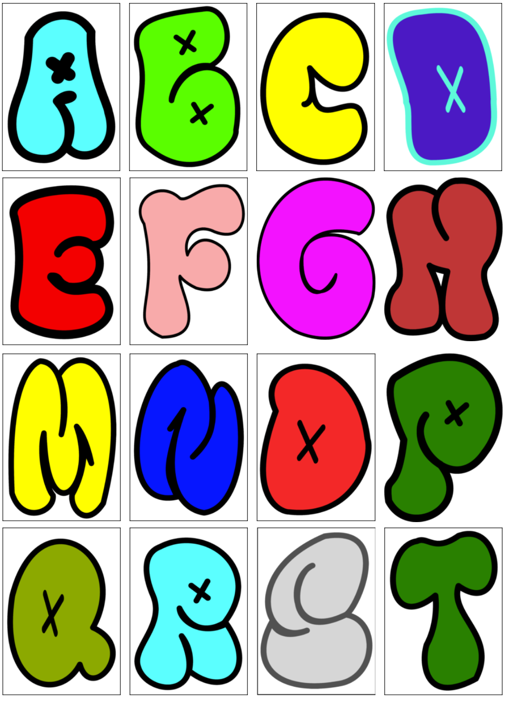 Printable bubble graffiti letters: A, B, C, D, E, F, G, H, I, J... yes ...