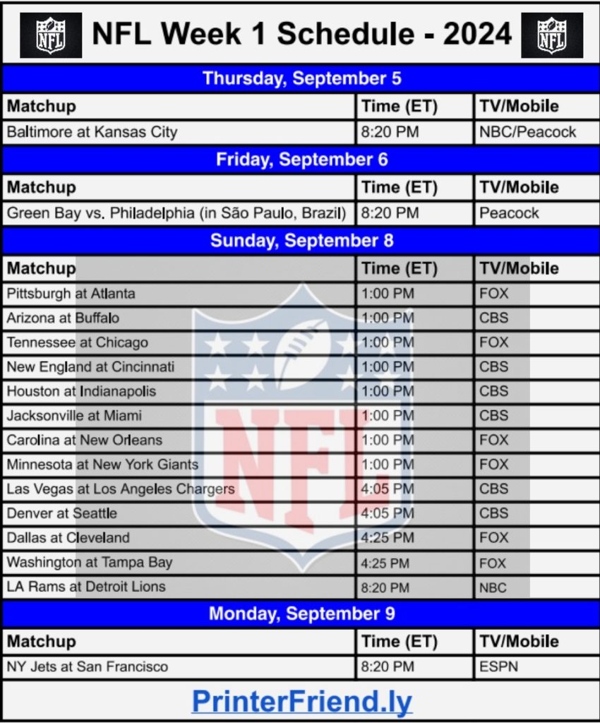 Printable NFL Week 1 Schedule; TV Broadcasts and Matchups - Printerfriendly