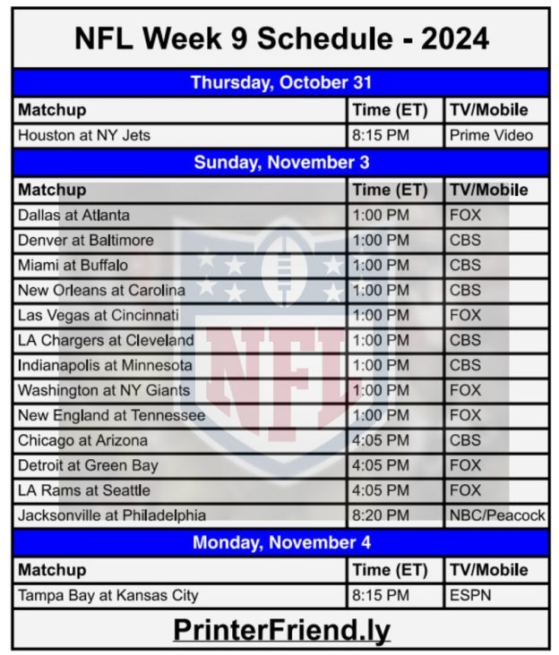Printable NFL Week 9 Schedule; TV Broadcasts and Matchups - Printerfriendly