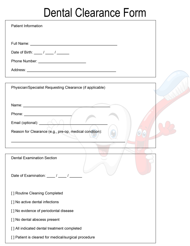 Free Printable Dental Clearance Form Template - Printerfriendly