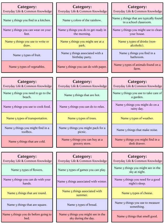 Free, Printable "Name 5 Things Game" Cards - Printerfriendly