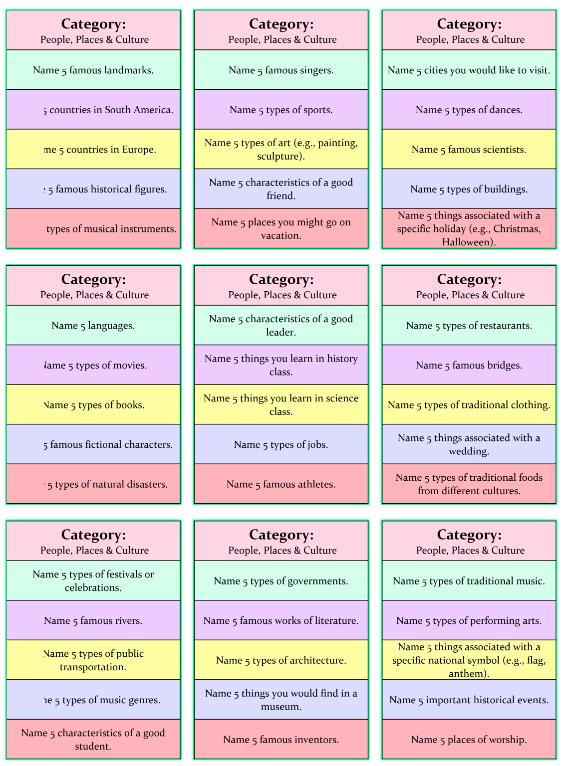 Free, Printable "Name 5 Things Game" Cards - Printerfriendly