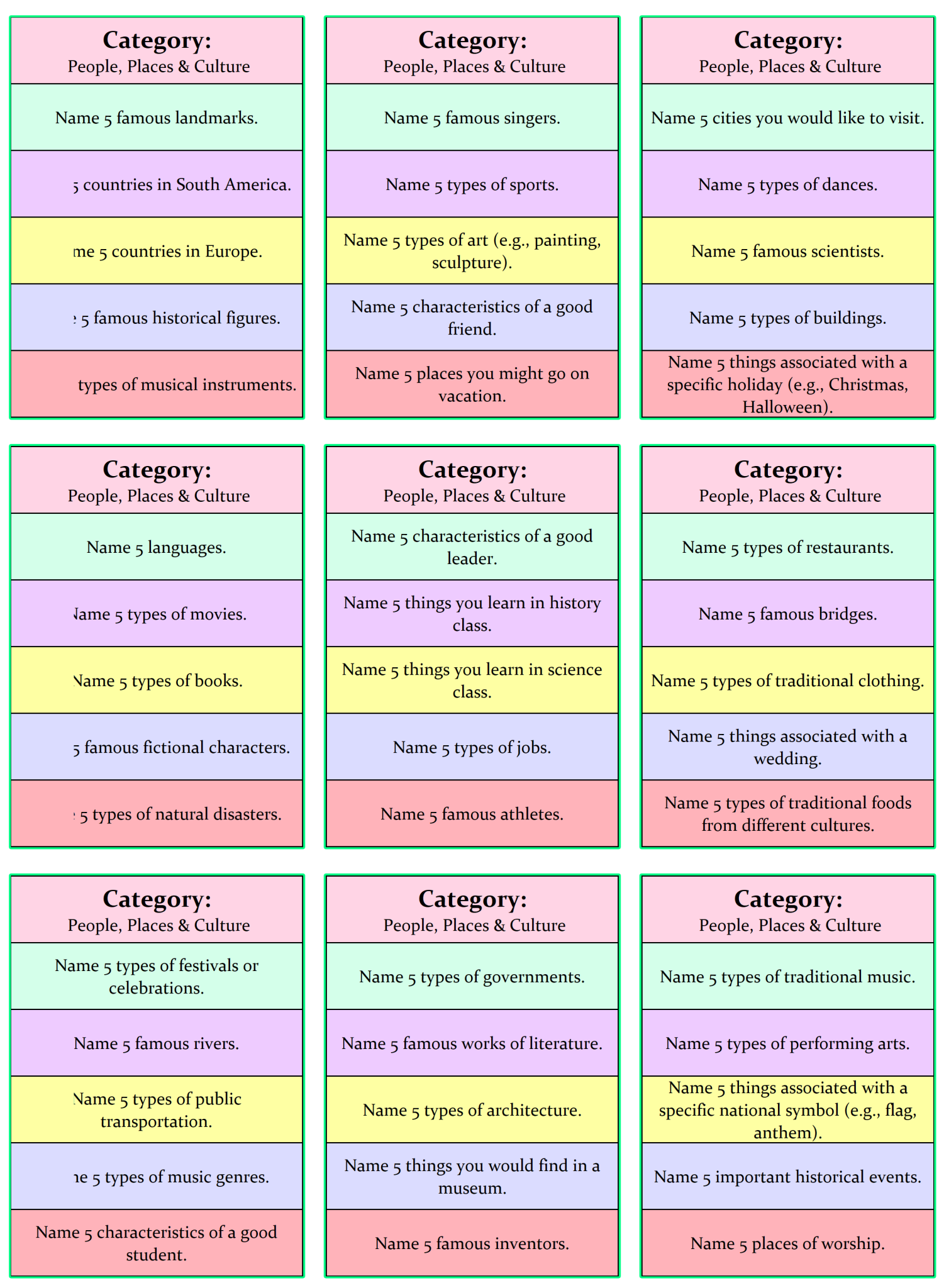 Free, Printable "Name 5 Things Game" Cards - Printerfriendly
