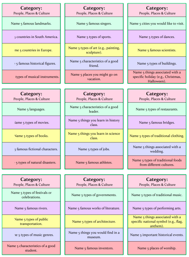 Free, Printable "Name 5 Things Game" Cards - Printerfriendly