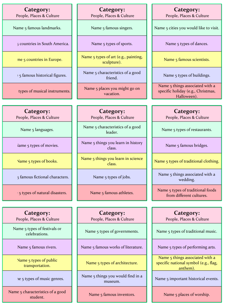 Free, Printable "Name 5 Things Game" Cards - Printerfriendly