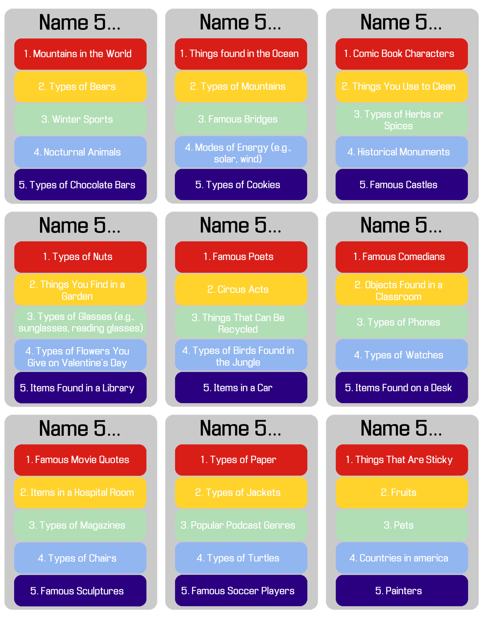 Free, Printable "Name 5 Things Game" Cards - Printerfriendly