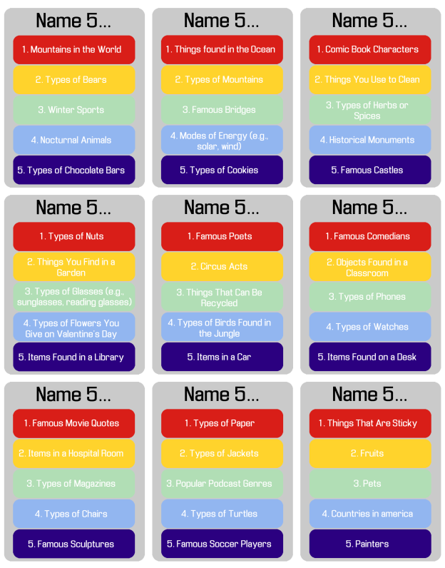 Free, Printable "Name 5 Things Game" Cards - Printerfriendly