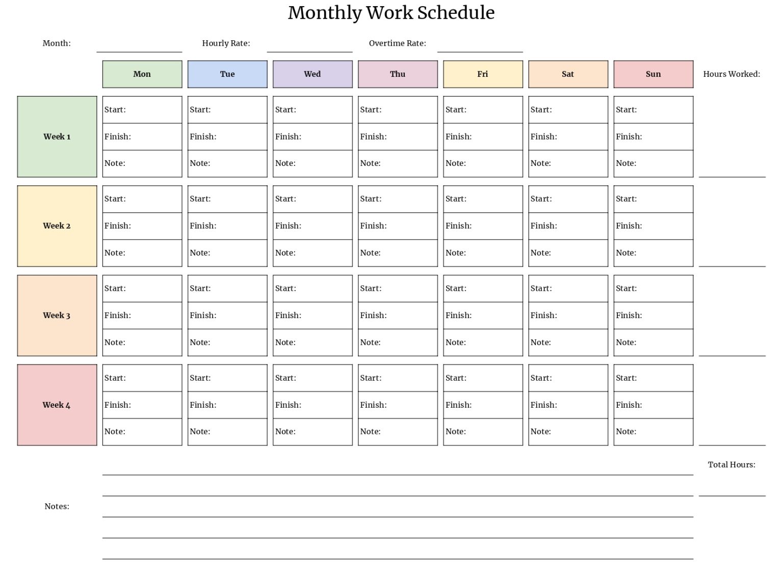 Monthly Work Schedule Template to Print (Downloadable PDF) - Printerfriendly