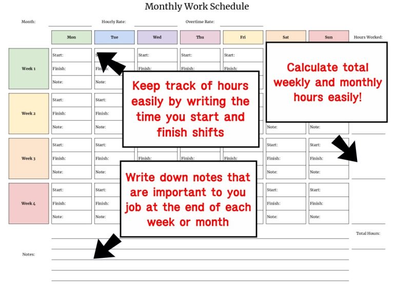 Monthly Work Schedule Template to Print (Downloadable PDF) - Printerfriendly