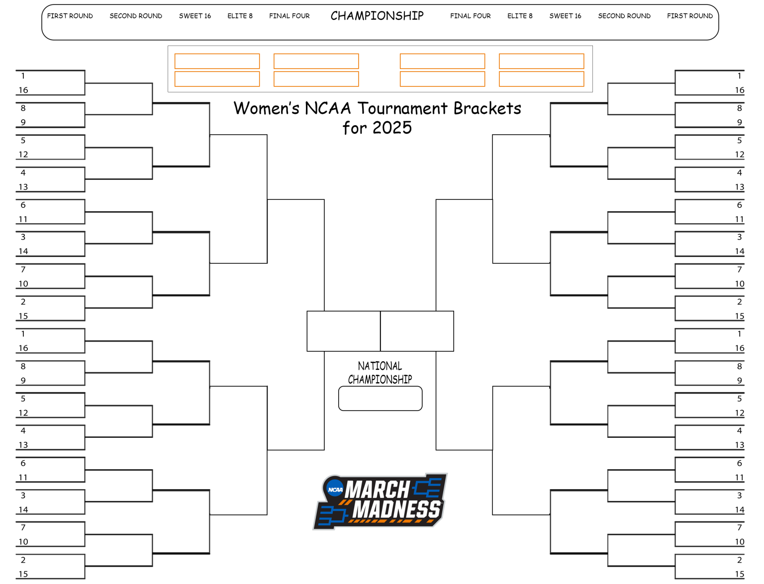 Printable Women's Sweet 16 Bracket for NCAA March Madness Tourney ...