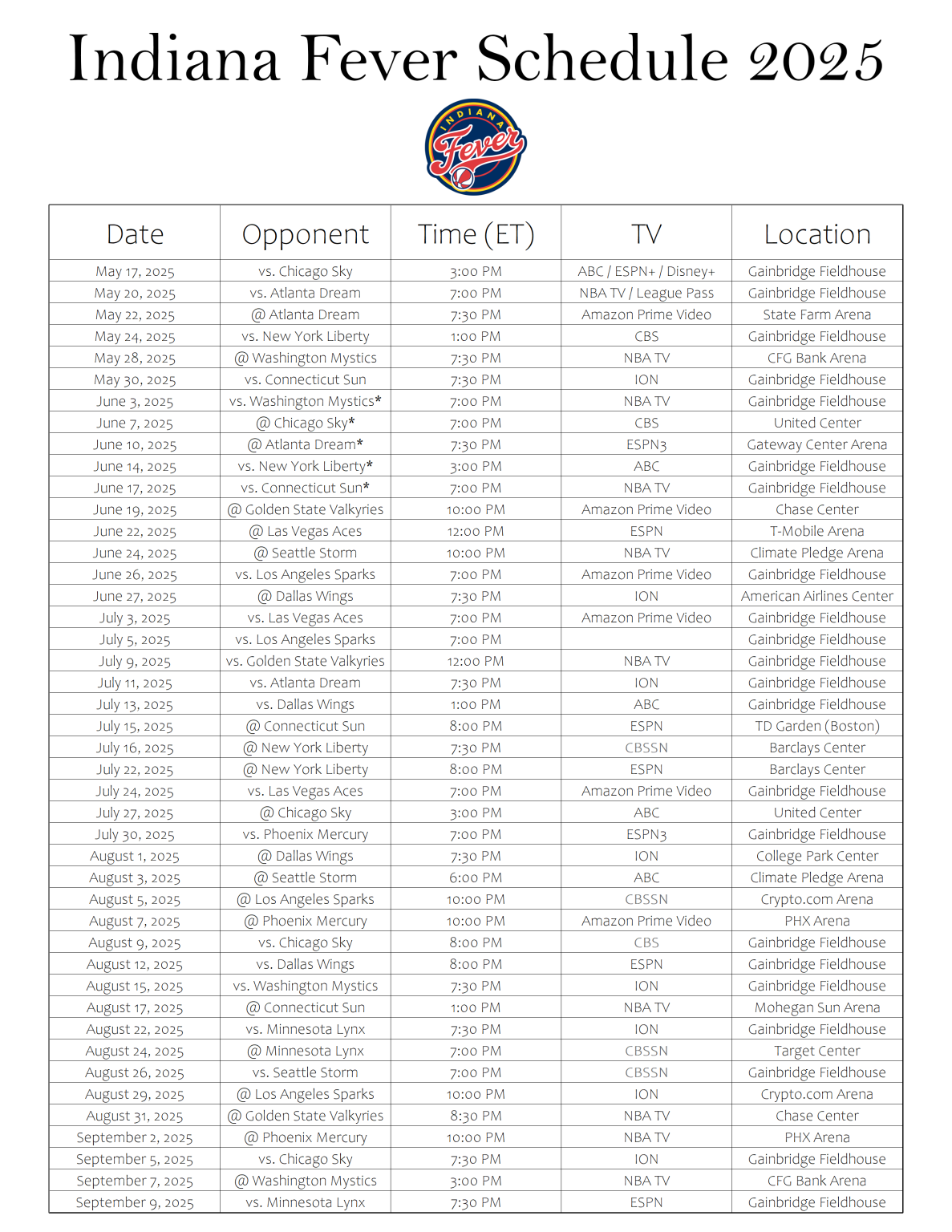 Free Printable 2025 Indiana Fever Schedule - Printerfriendly