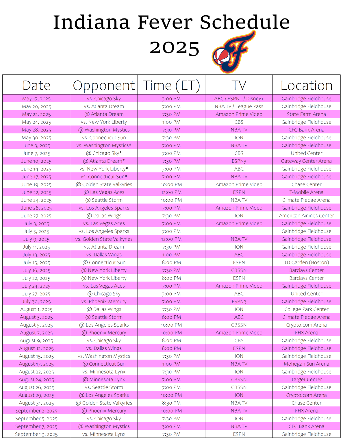 Free Printable 2025 Indiana Fever Schedule - Printerfriendly