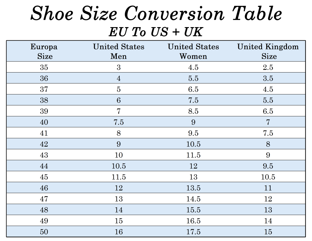 European (EU) to American (US) Shoe Size Conversion Chart - Free ...