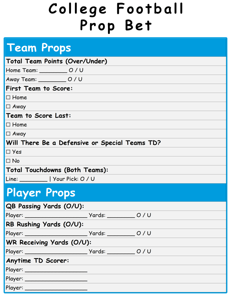 Free, Printable NCAA College Football Prop Bets Sheet - Printerfriendly