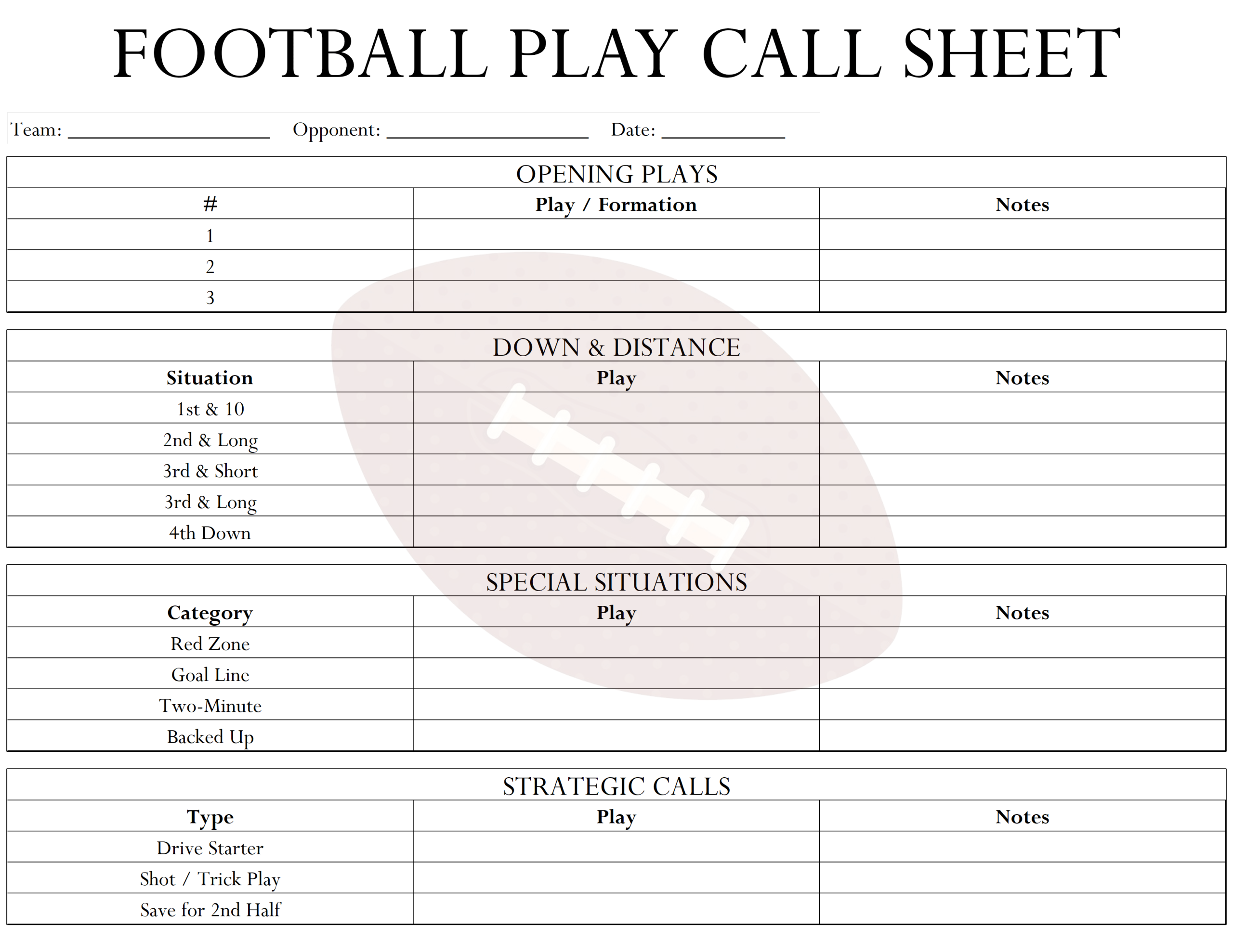 Free, Printable Football Play Call Sheet Template for Coaches ...