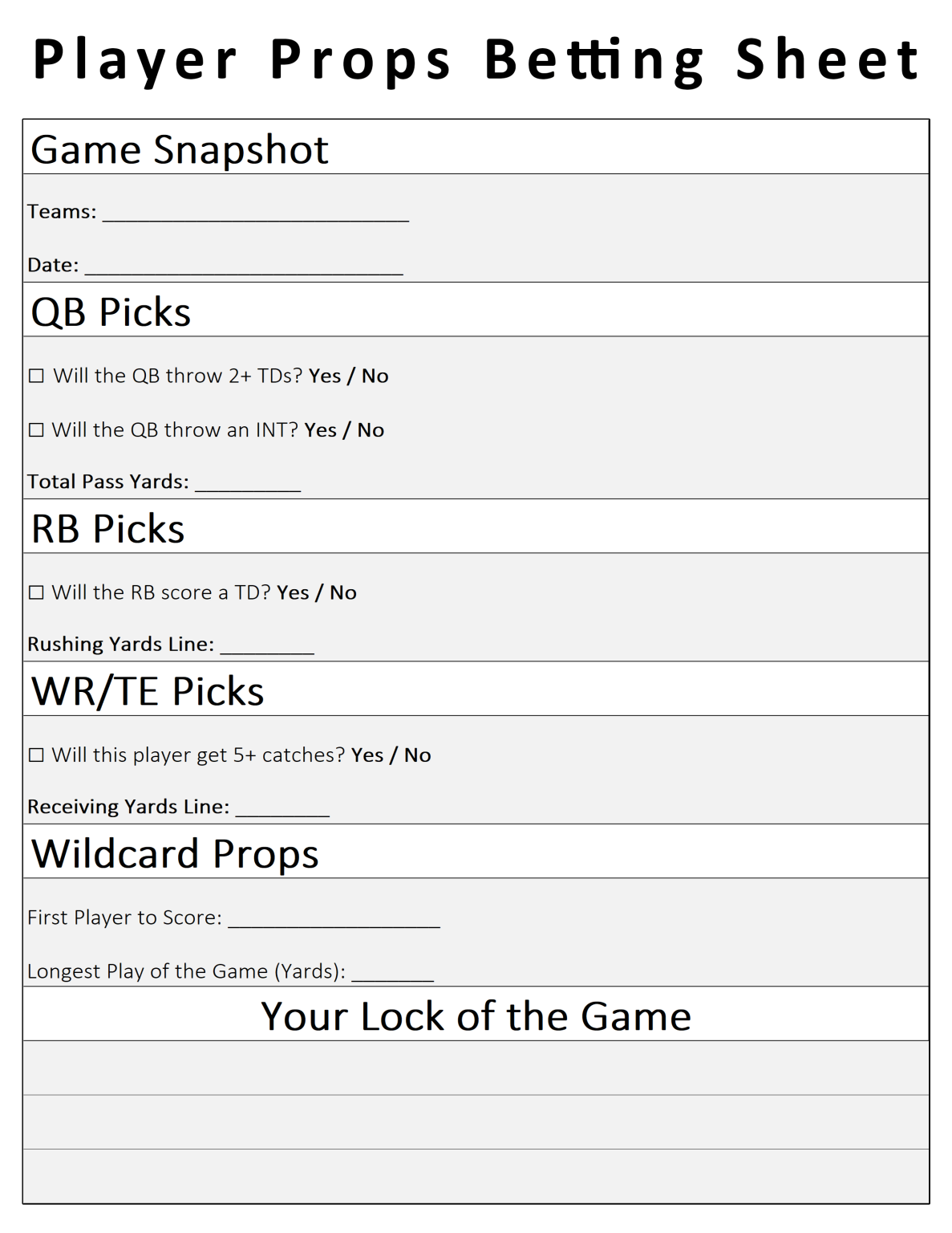 Football Player Props Bet Sheet: Perfect for NFL or College Football ...