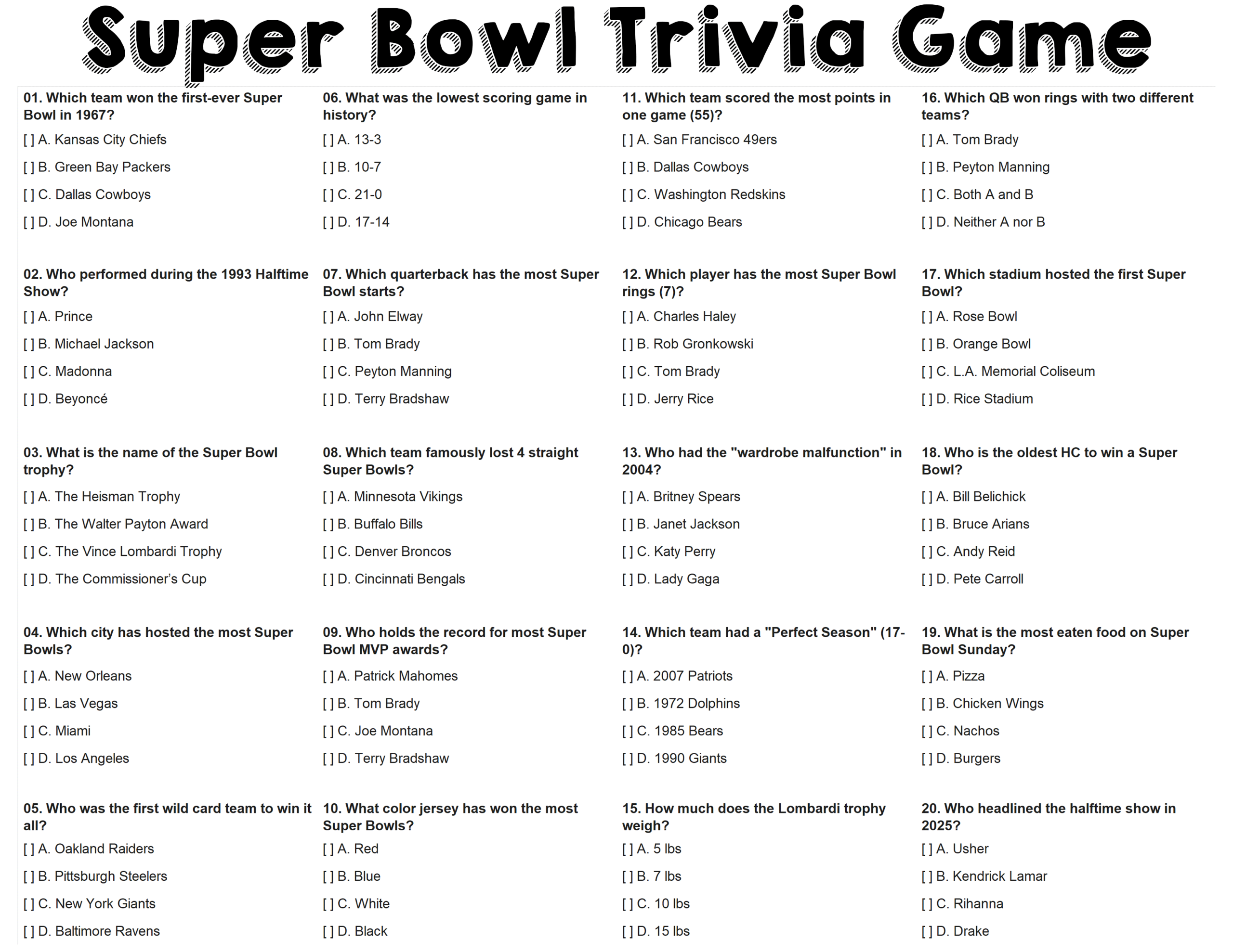 Free, Printable NFL Super Bowl Trivia Game: Test Your Football ...