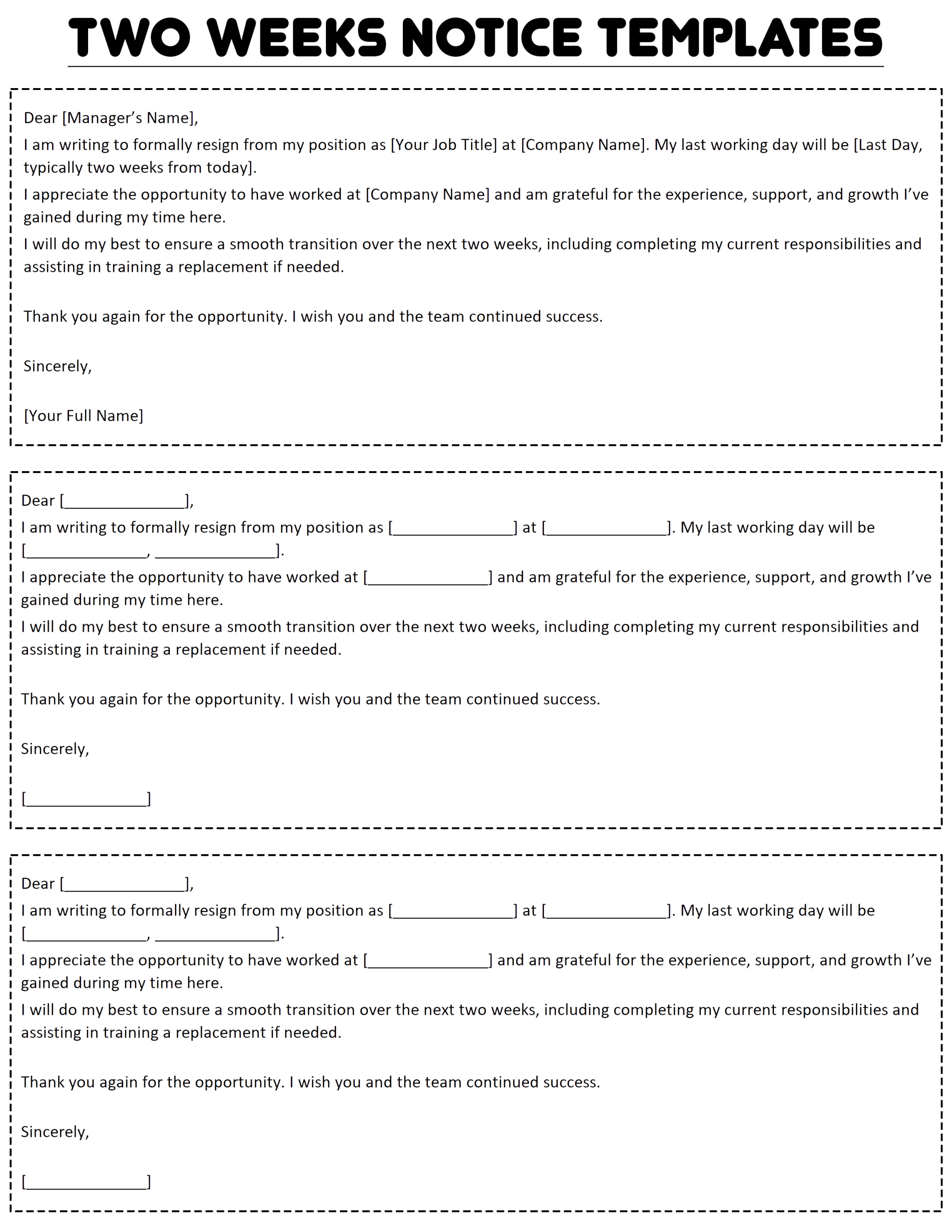 Sample Two-Week Notice Template to Quit Professionally - Printerfriendly